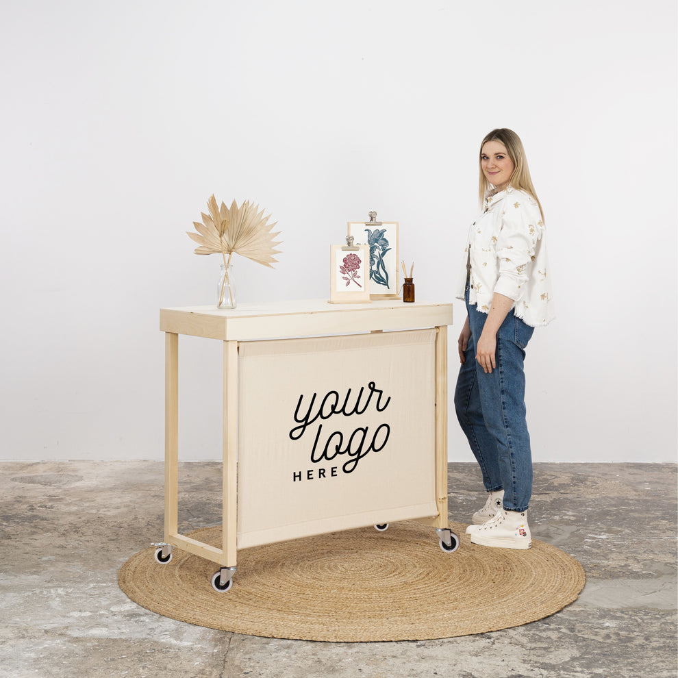 Natural Wood Display Table with Logo Panel – Vendor Checkout Counter ...