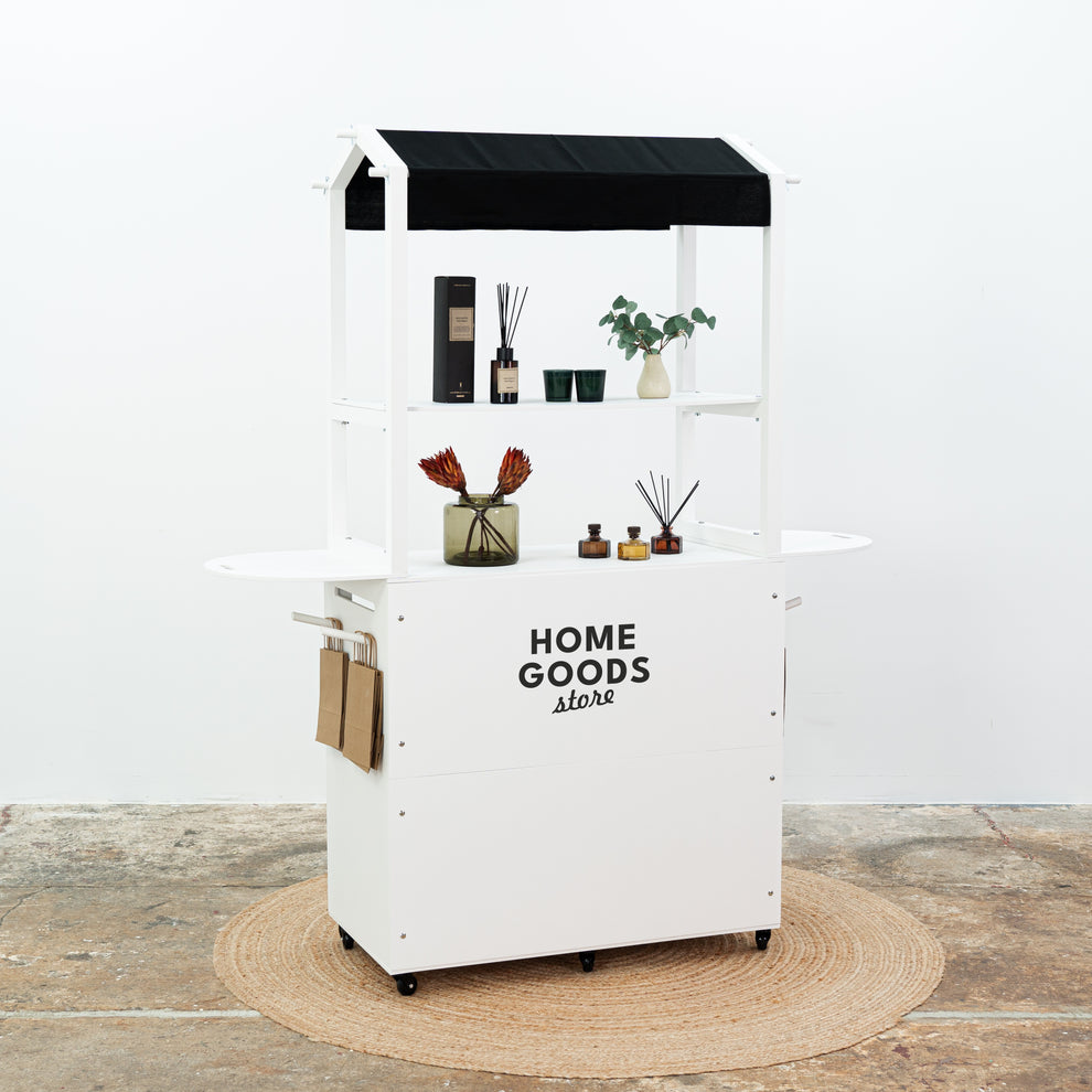 White Display Cart with Awning – Portable Trade Show Booth – Milimetry