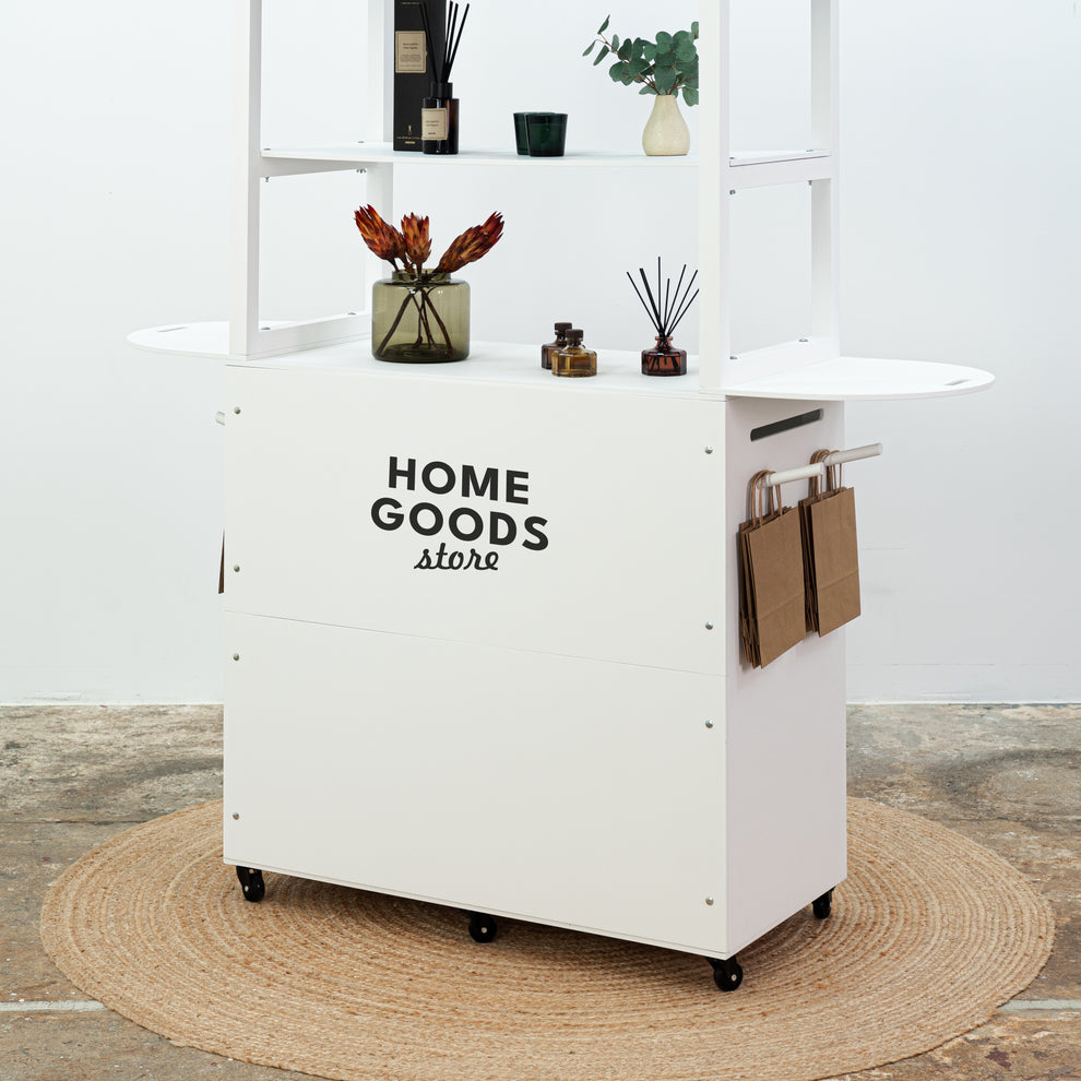 White Display Cart with Awning – Portable Trade Show Booth – Milimetry