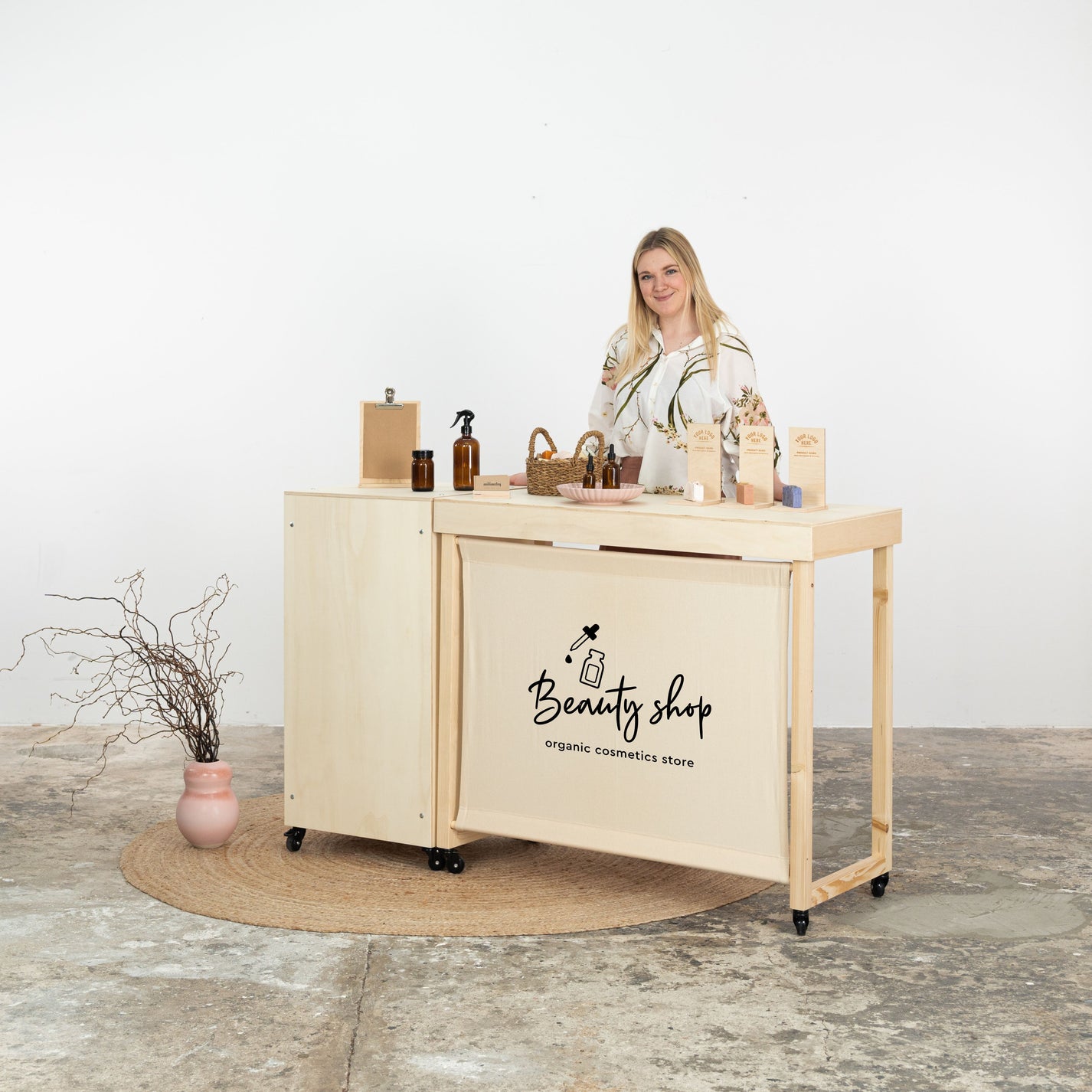 SET Vienna: Portable counter VC-06-W and table VC-04-C-W table in natu ...