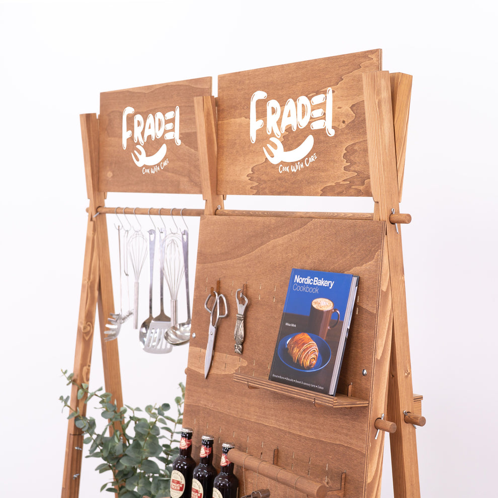 Dual-Sided Wooden Display Stand with Pegboard & Rail – Coffee Finish ...