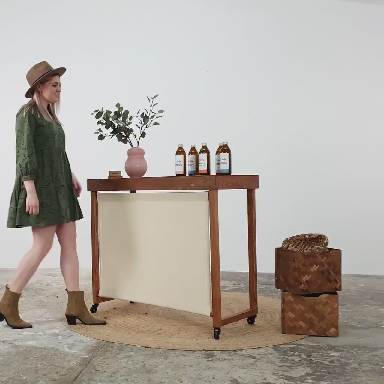 Vendor table VC-04-C-W-CF with branded panel and castor wheels, foldab ...