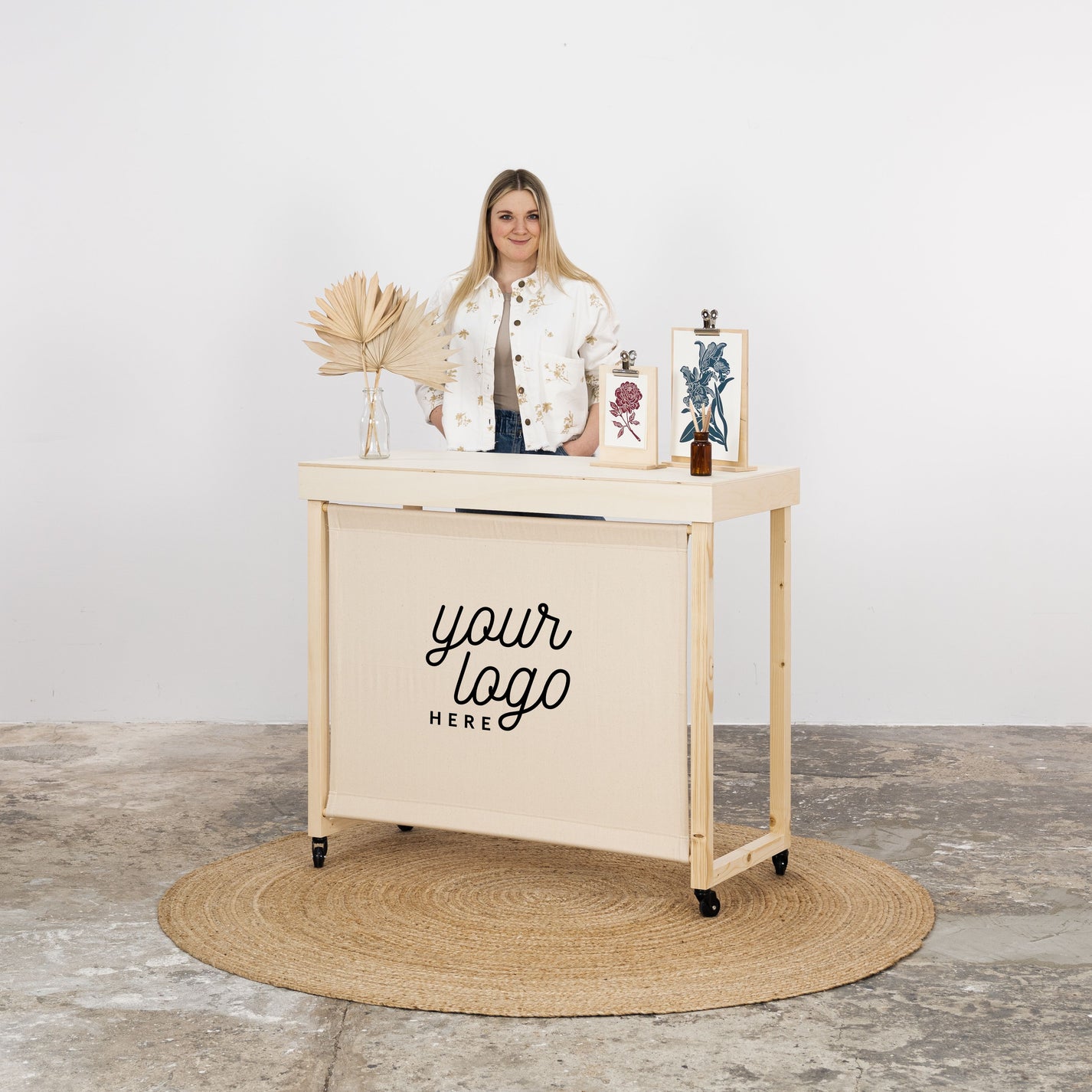 Natural Wood Display Table with Logo Panel – Vendor Checkout Counter ...