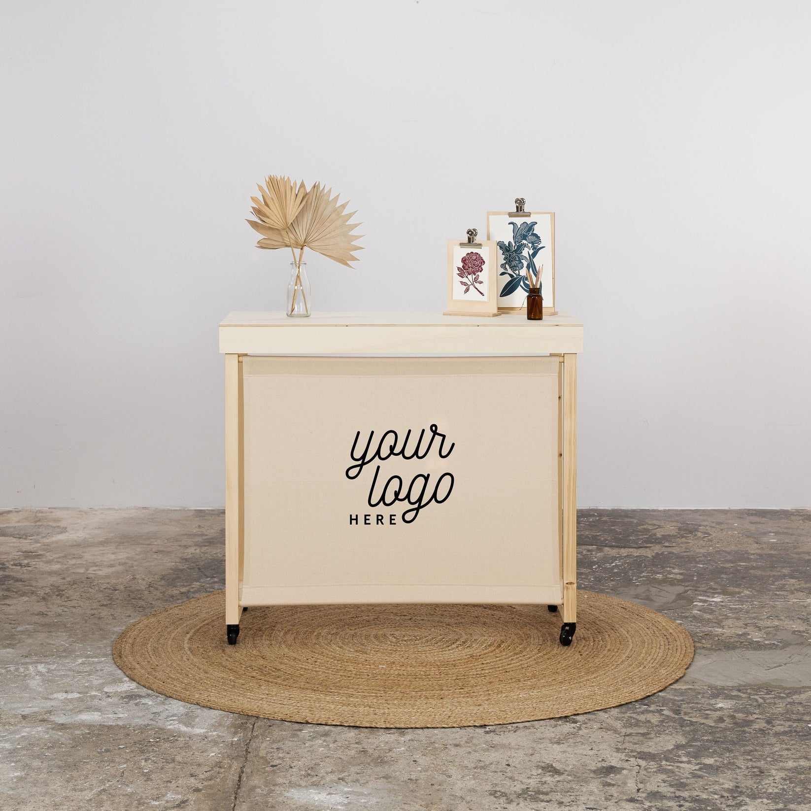 Natural Wood Display Table with Logo Panel – Vendor Checkout Counter ...