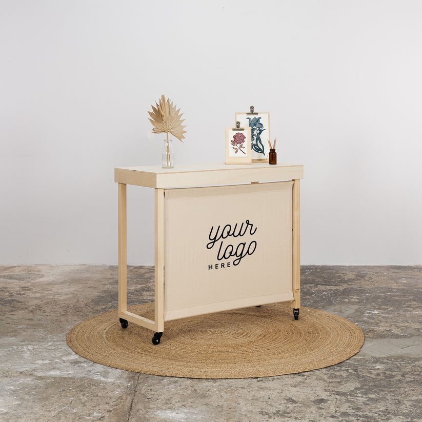 Natural Wood Display Table with Logo Panel – Vendor Checkout Counter ...